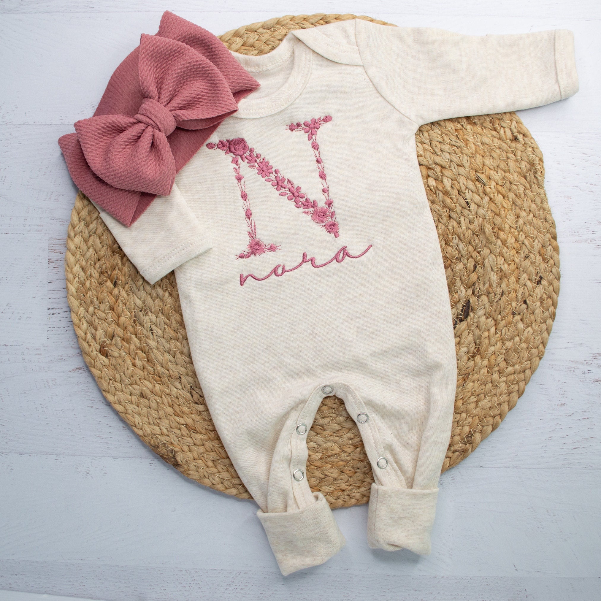 Personalized Floral Embroidered Baby Romper With Headband: Oatmeal ...
