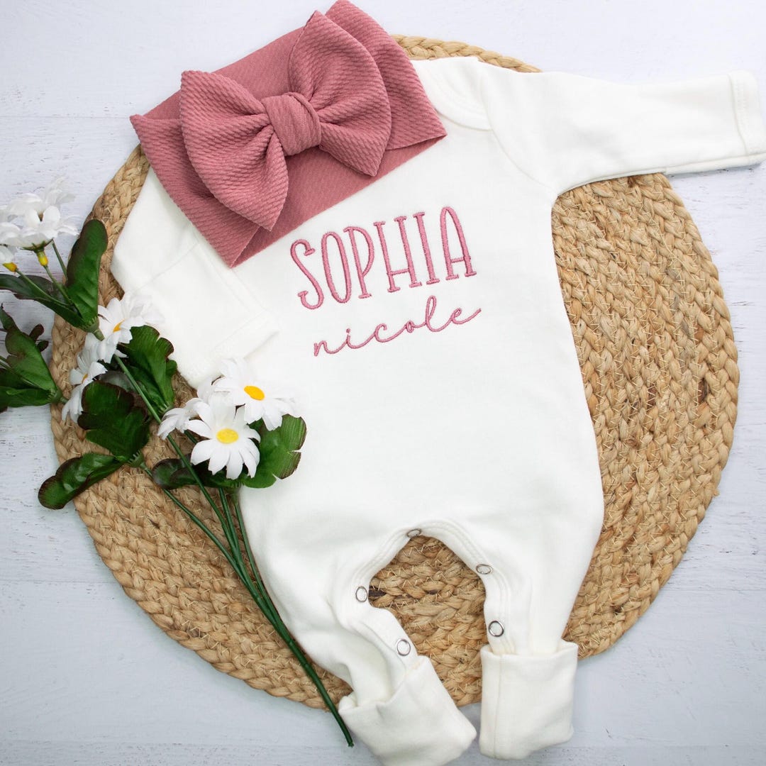 Personalized Baby Romper: Embroidered Cotton Sleeper With Mauve ...