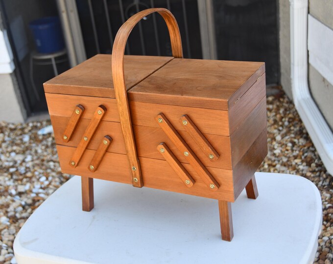 Vintage Fold Out Wood Sewing Storage Box - Etsy