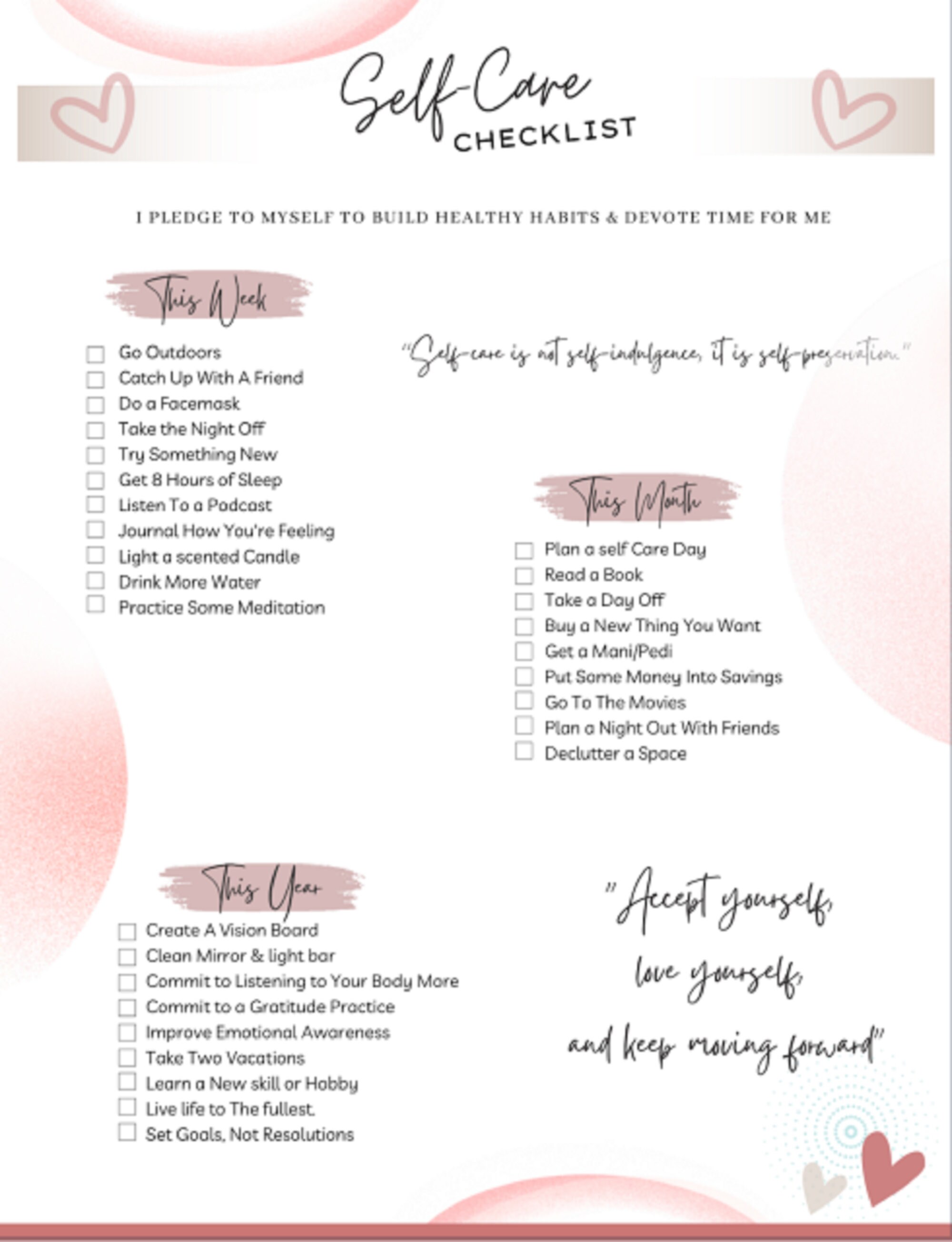 Self Care Checklist Planner | Mental Health Worksheet | Well Being ...