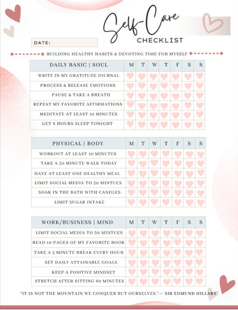 Self Care Checklist Printable, Self Care Tracker, Self Love Journal ...
