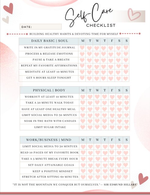 Self Care Checklist Printable, Self Care Tracker, Self Love Journal ...