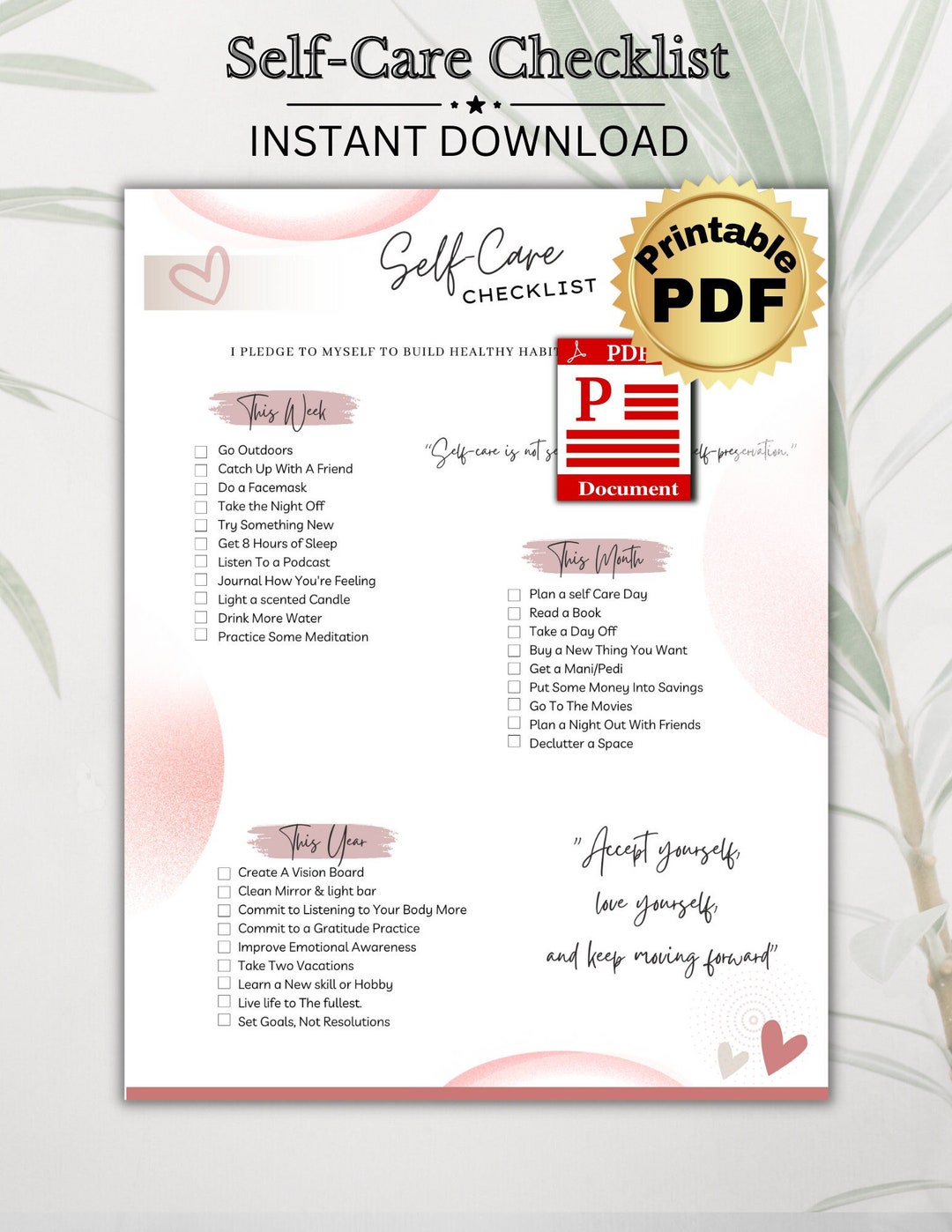 Self Care Checklist Planner | Mental Health Worksheet | Well Being ...