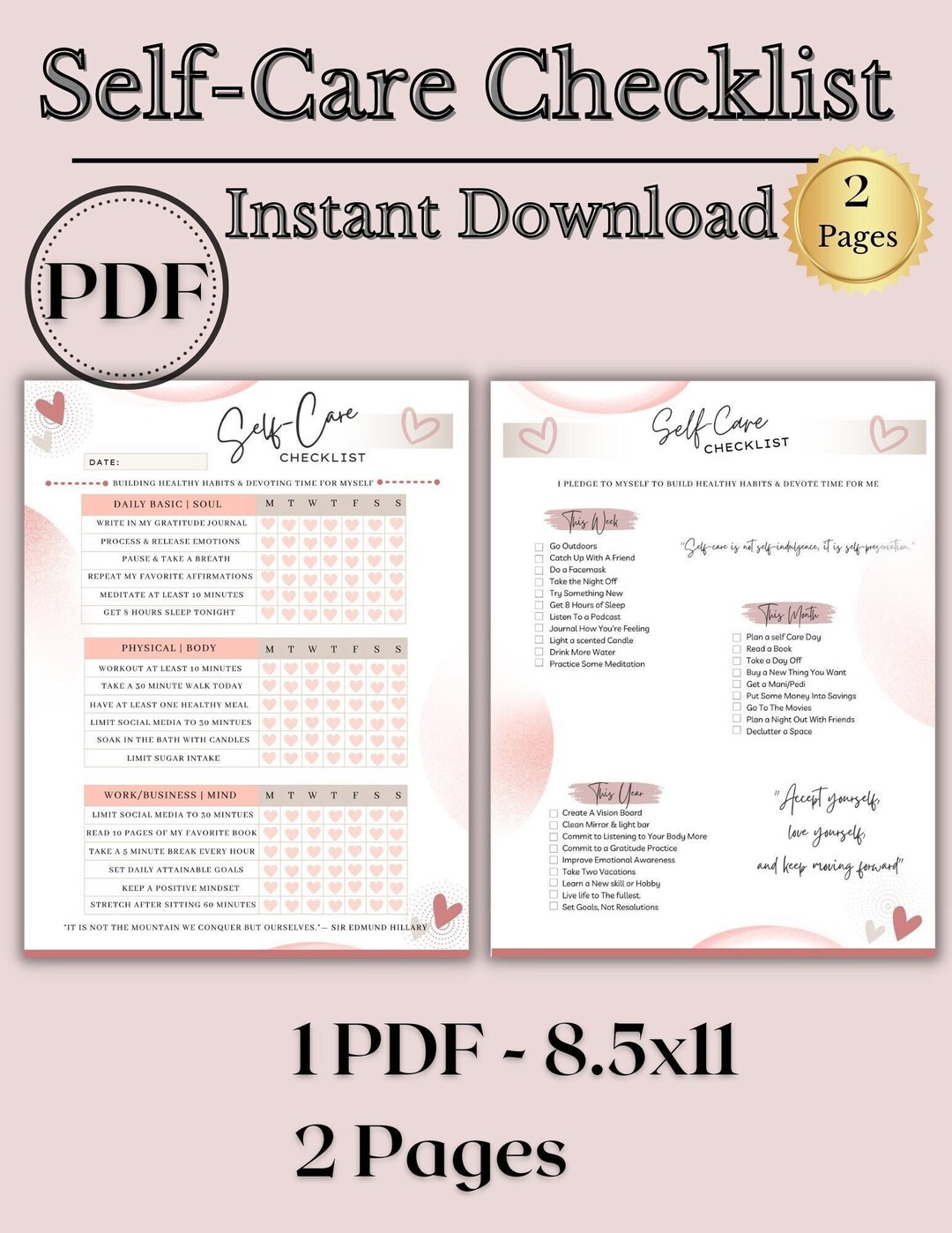 Self Care Checklist Printable Self Care Tracker Self Love Journal