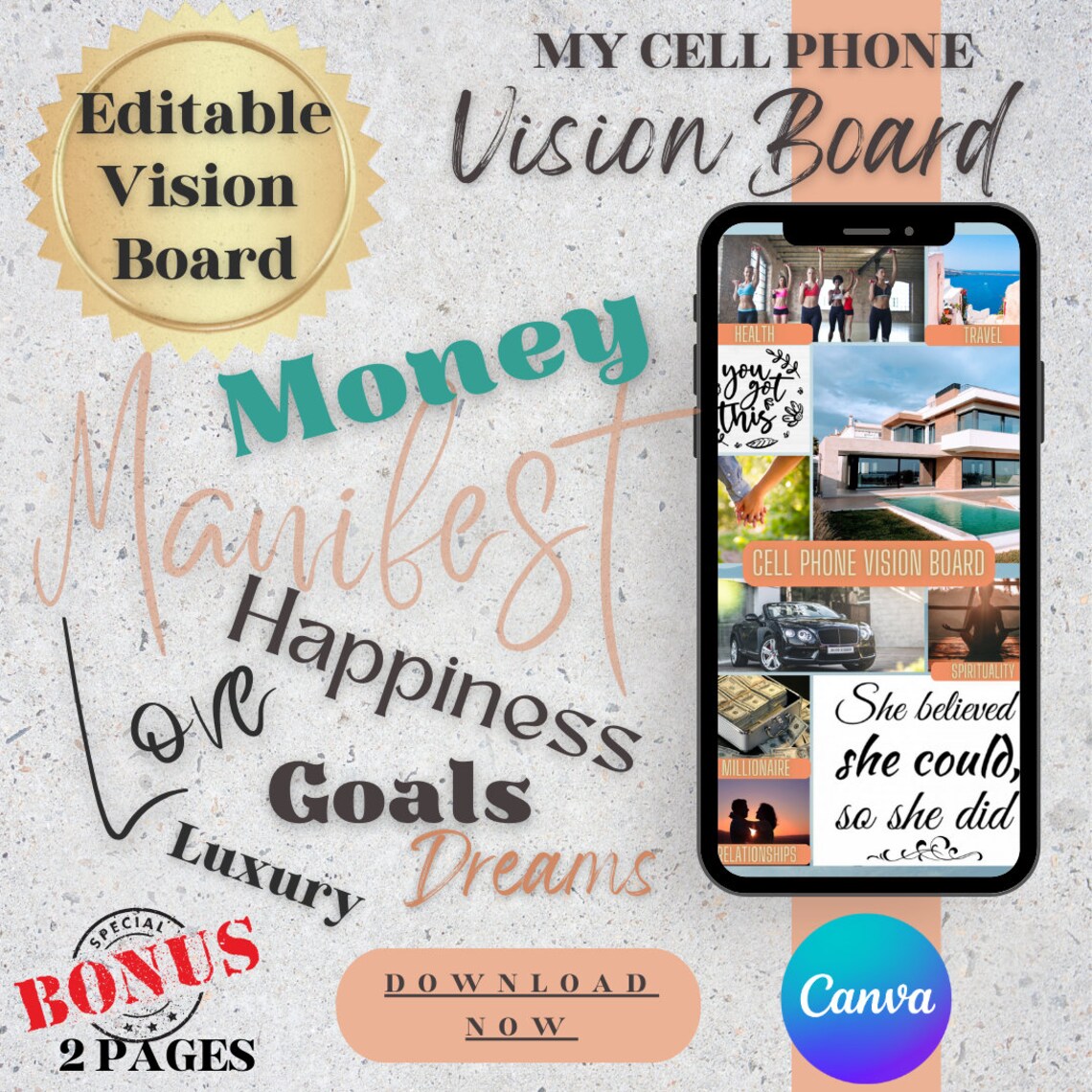 Vision Board Template for Cell Phone, Manifest Happiness, Positive ...