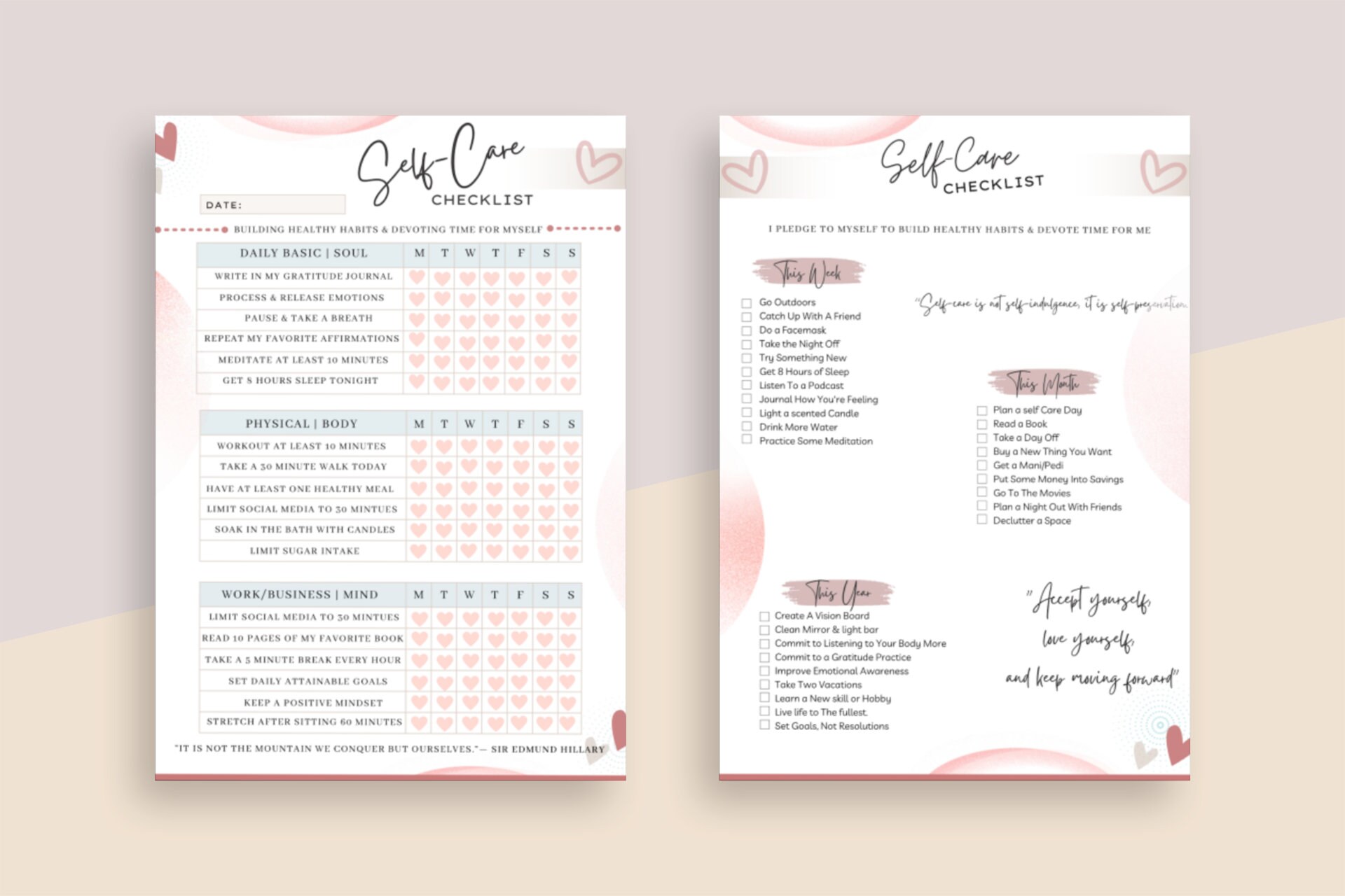 Self Care Checklist Printable, Self Care Tracker, Self Love Journal ...