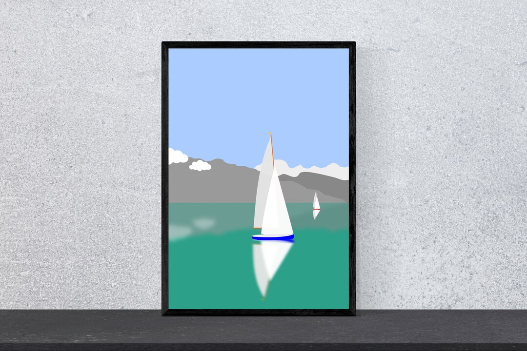 Lake With Mountains and Boats Poster Art, Print, Minimal, Modern, Wall ...