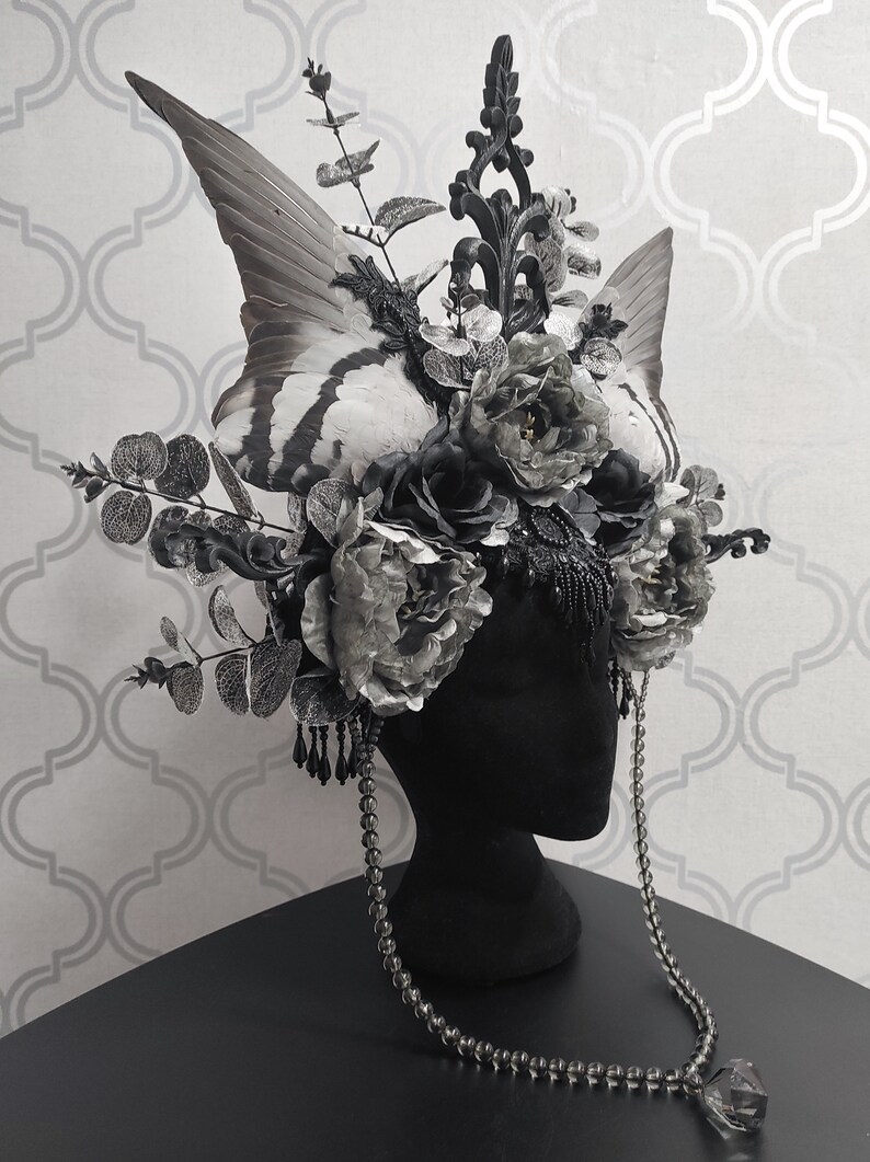 Fantasy Halloween Headpiece Headdress Crown Kokoshnik Black Silver Grey ...