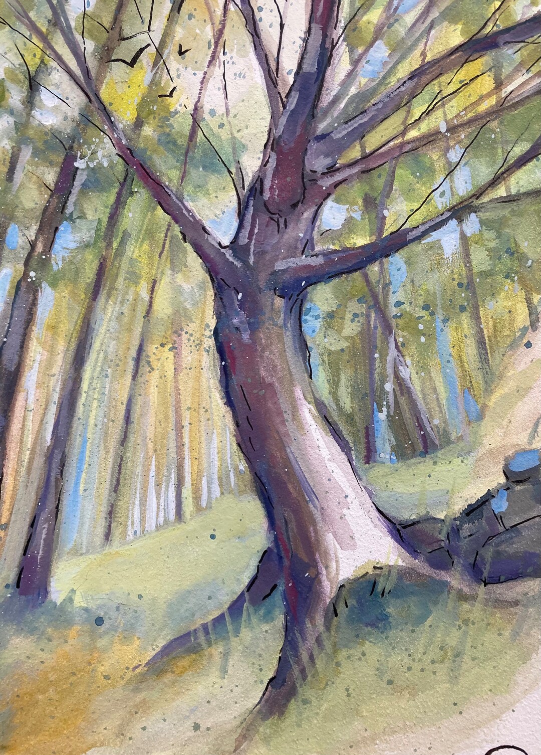 Original Small Mixed Media Painting on Aquabord Panel, Tree Art, Oak ...