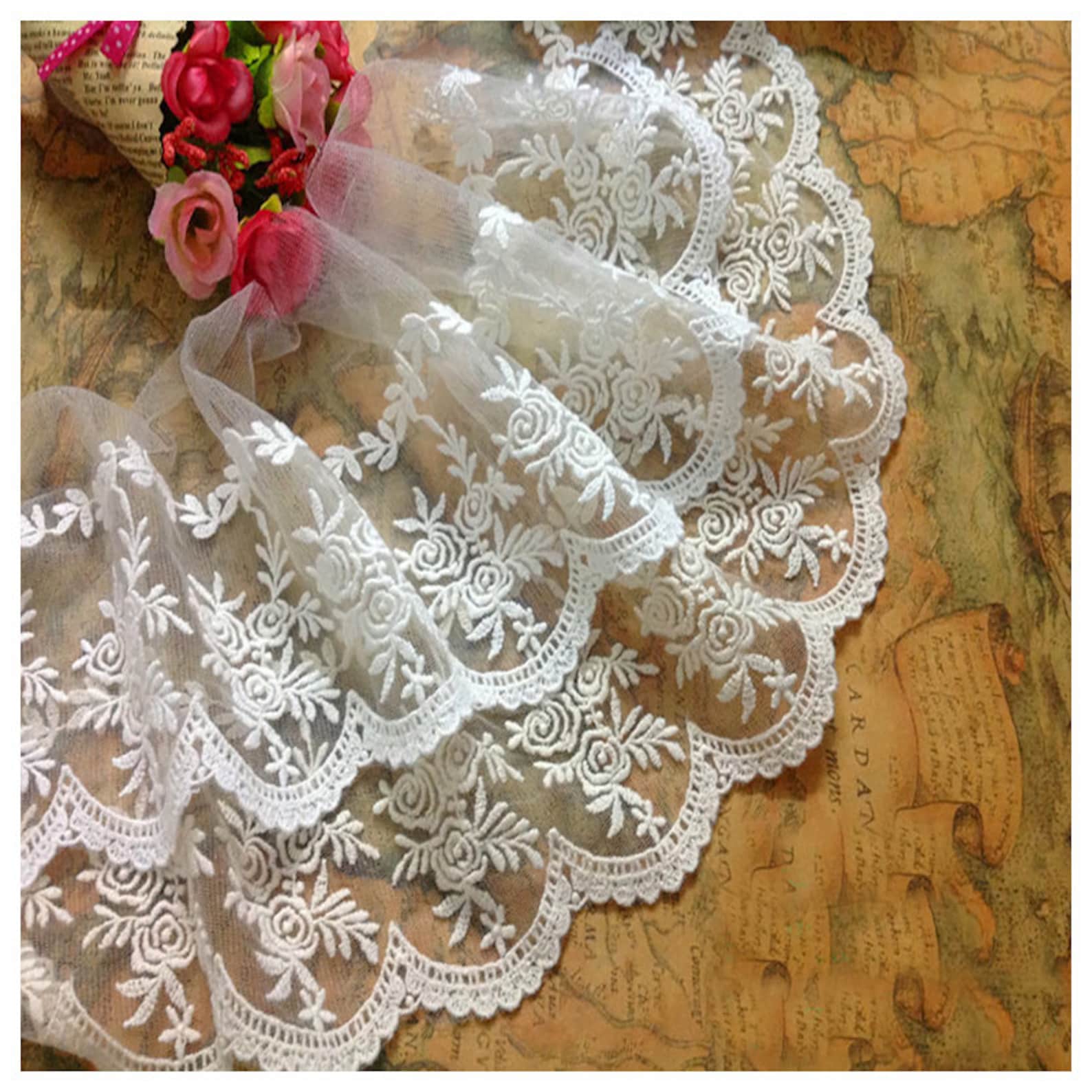 5 Yards Apricot White Lace Trims Organza Mesh Tulle Flower Embroidery ...
