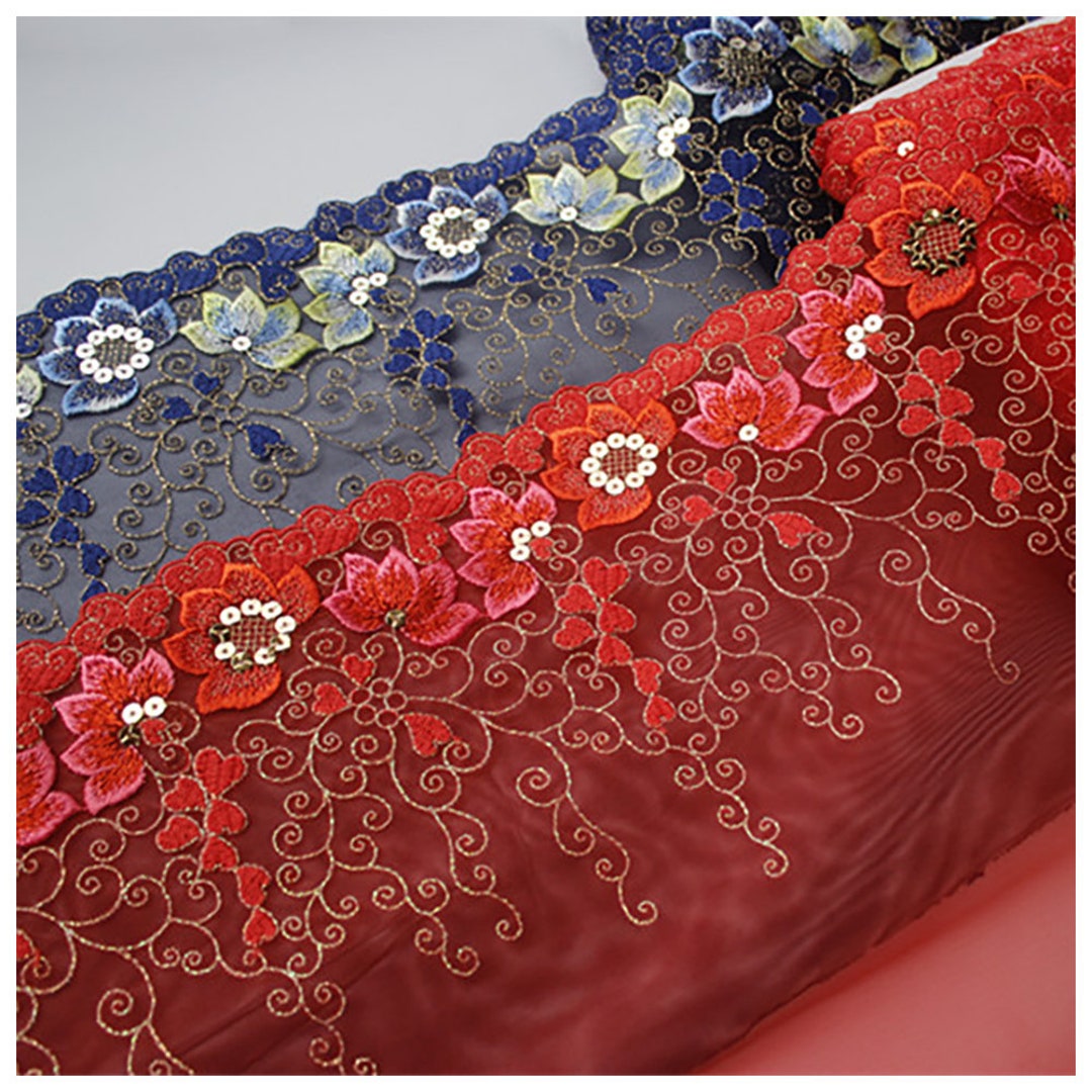 Red Blue Lace Trims 5 Meter Mesh Tulle Flower Sequin Embroidery Lace ...