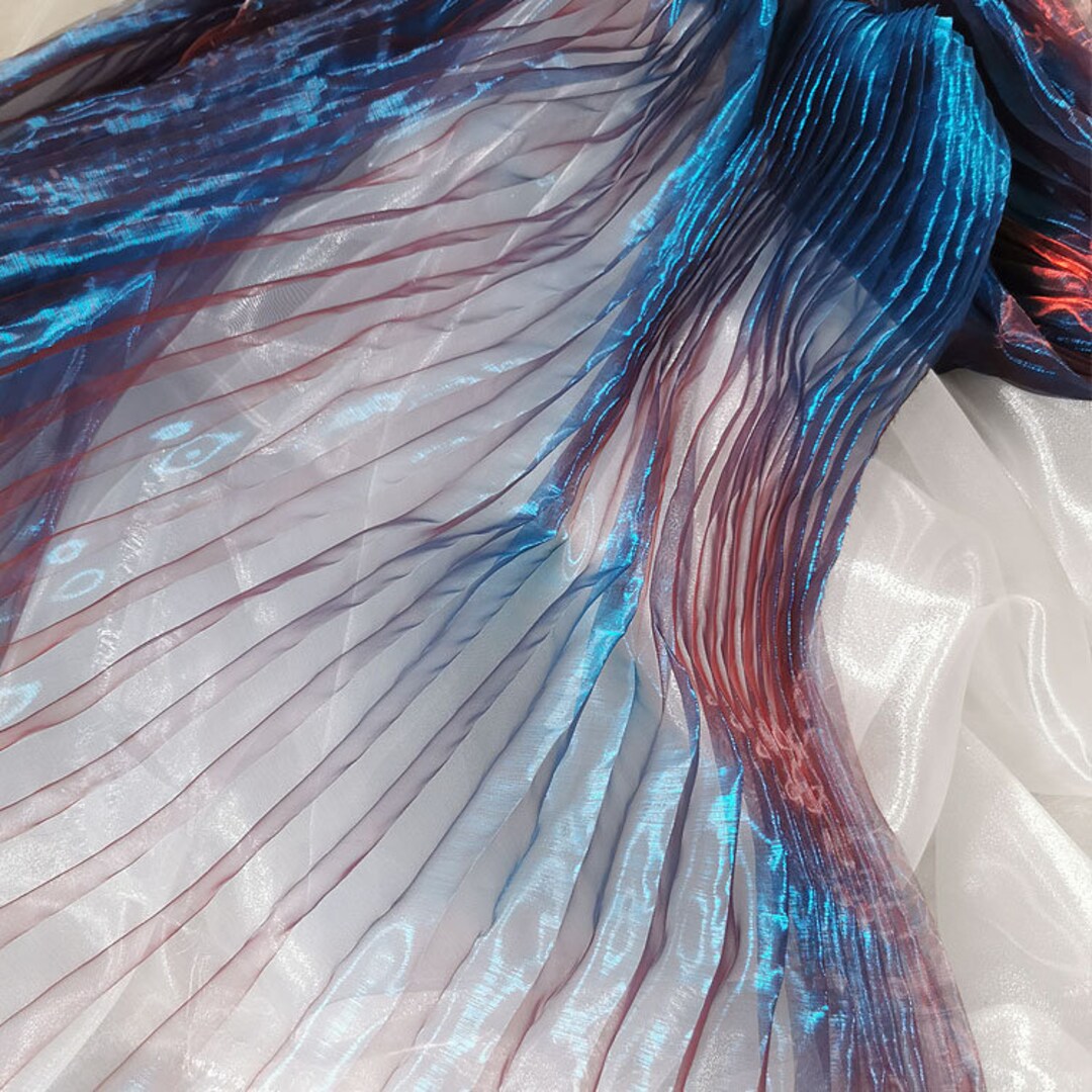Blue Pleated Tulle Fabric Magic Color Laser Plisse Fabric Accordion ...