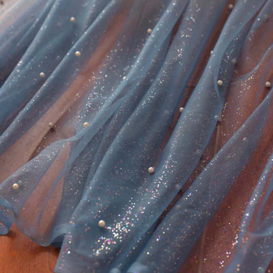 Tulle Fabric 1 Meters Beads Blue Gradual Change Gilding Powder Mesh ...