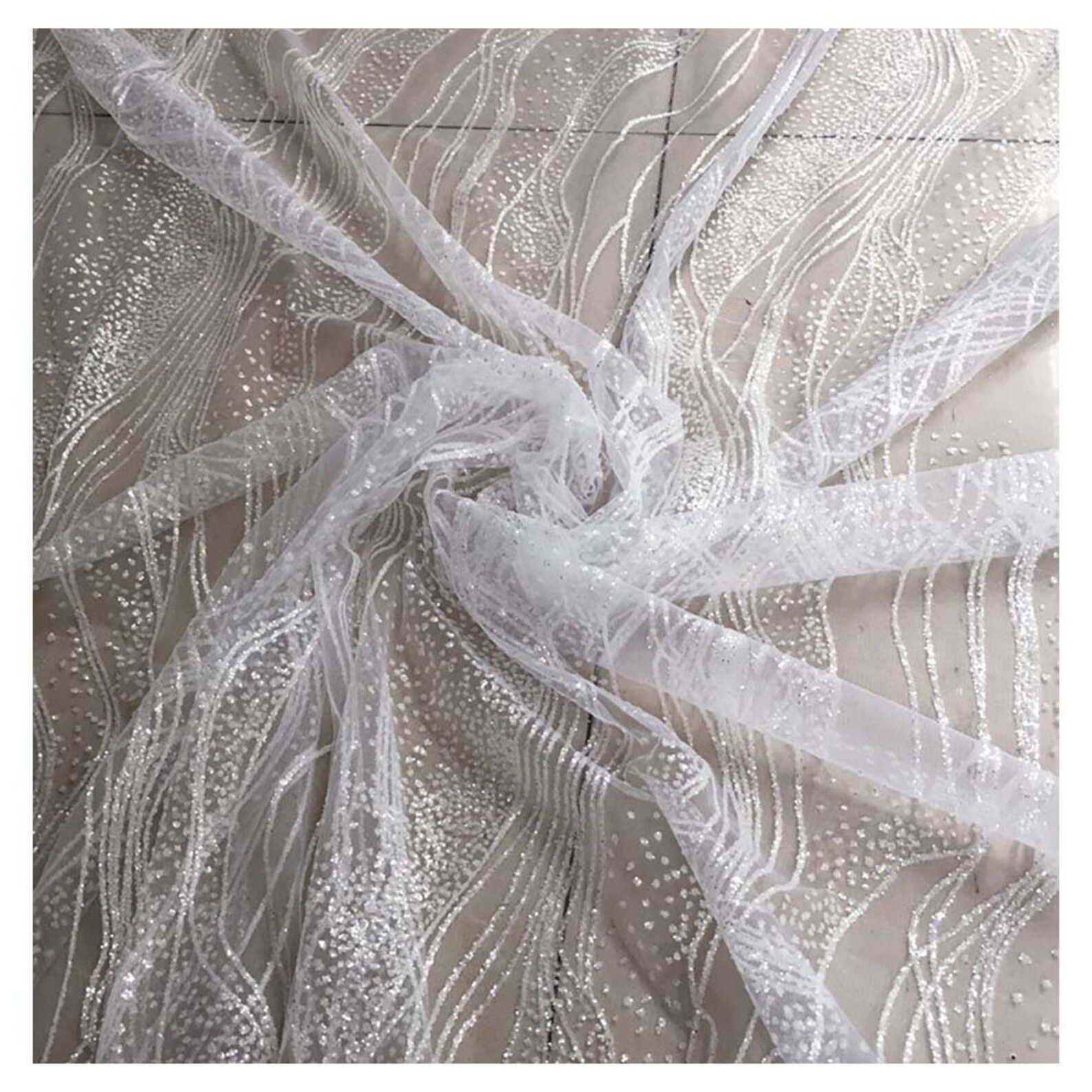 Tulle Sequined Fabric 1 Meters Ivory Wavy Corrugated Ironing Powder ...