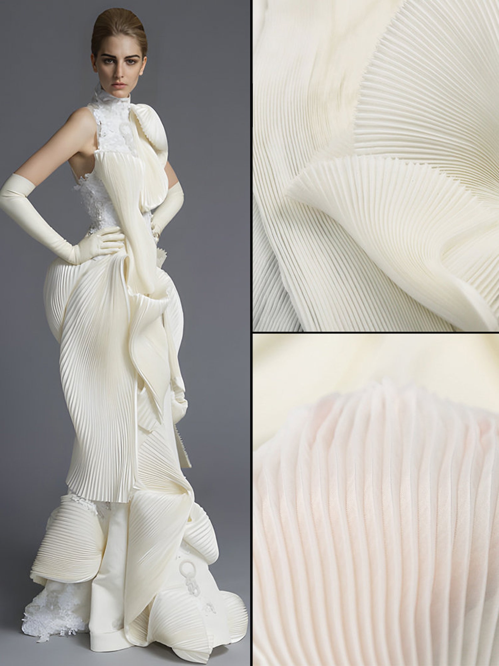 Beige Pleated Organza Fabric Plisse Fabric Accordion Crimping Wrinkle ...
