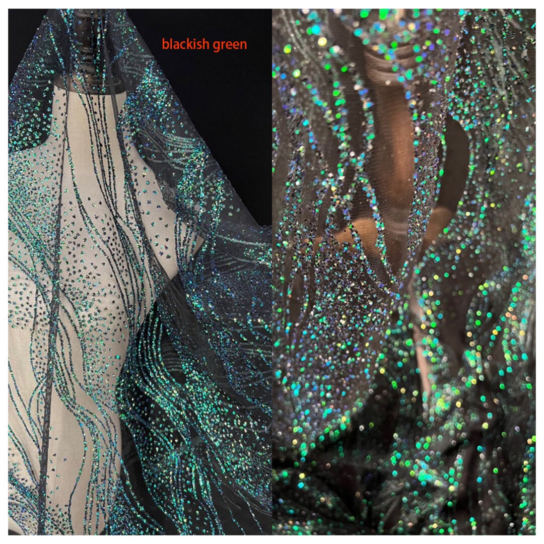 Tulle Sequined Fabric 1 Meters Blackish Green Wavy Corrugated Ironing ...