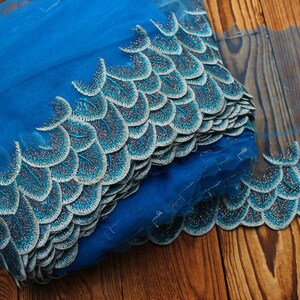 5 Meters 23cm 9.05 Wide Blue Silver Mesh Embroidered Gauze Lace Trim ...