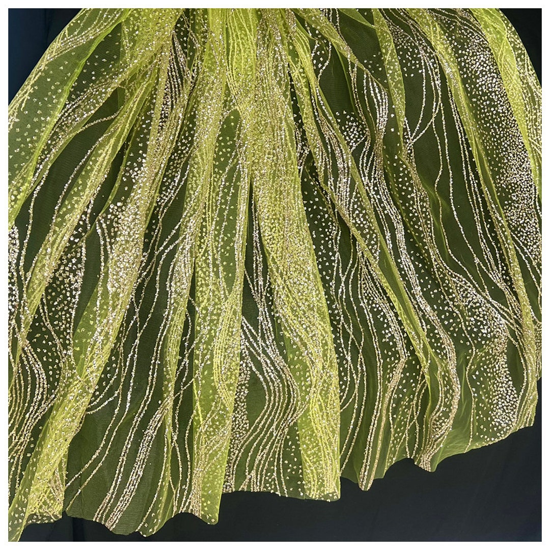 Tulle Sequined Fabric 1 Meters Elf Green Wavy Corrugated Ironing Powder ...