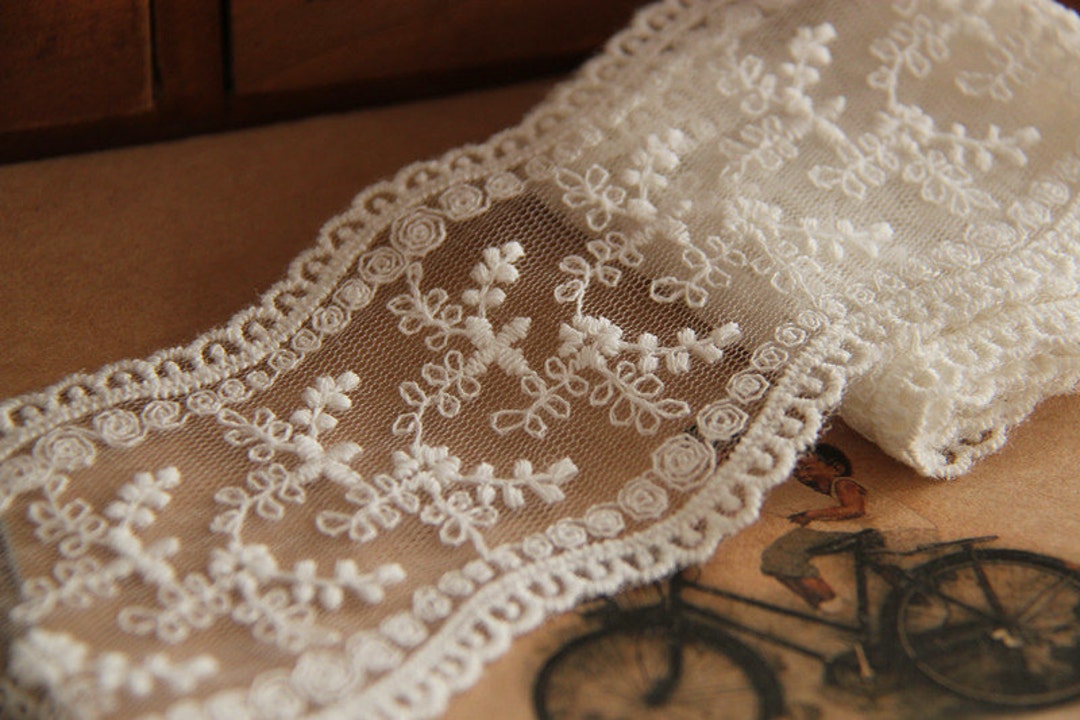 10 Yard 6cm 2.36" Wide Ivory Mesh Embroidery Lace Trim Ribbon ML25L70 ...