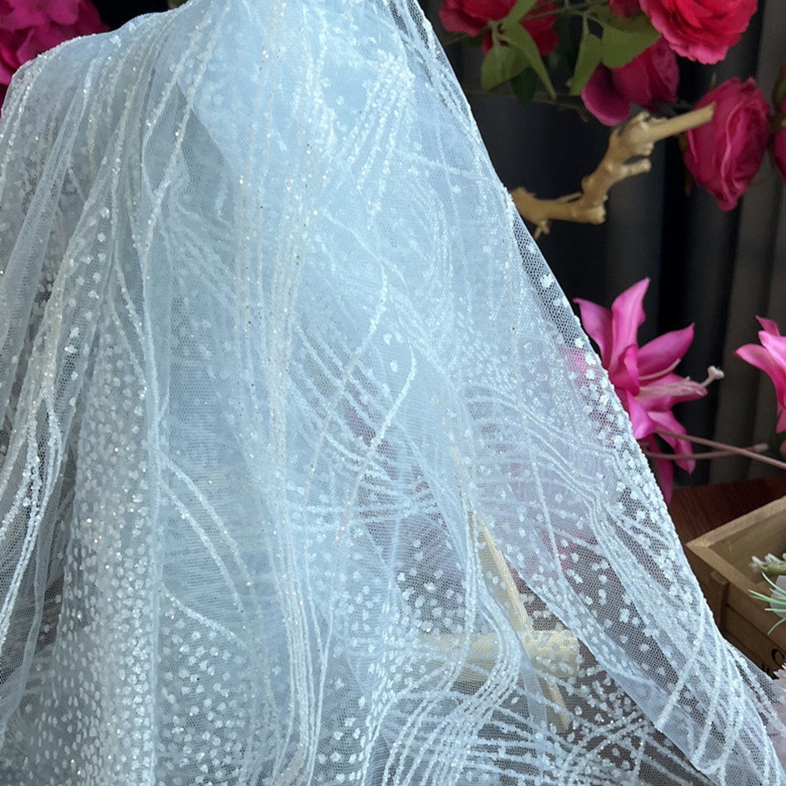 Tulle Sequined Fabric 1 Meters Ivory Wavy Corrugated Ironing Powder ...