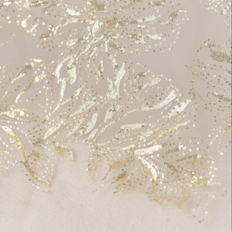 Gold Lace Fabric 1 Meter Mesh Tulle Sequins Embroidered Cloth Bridal ...