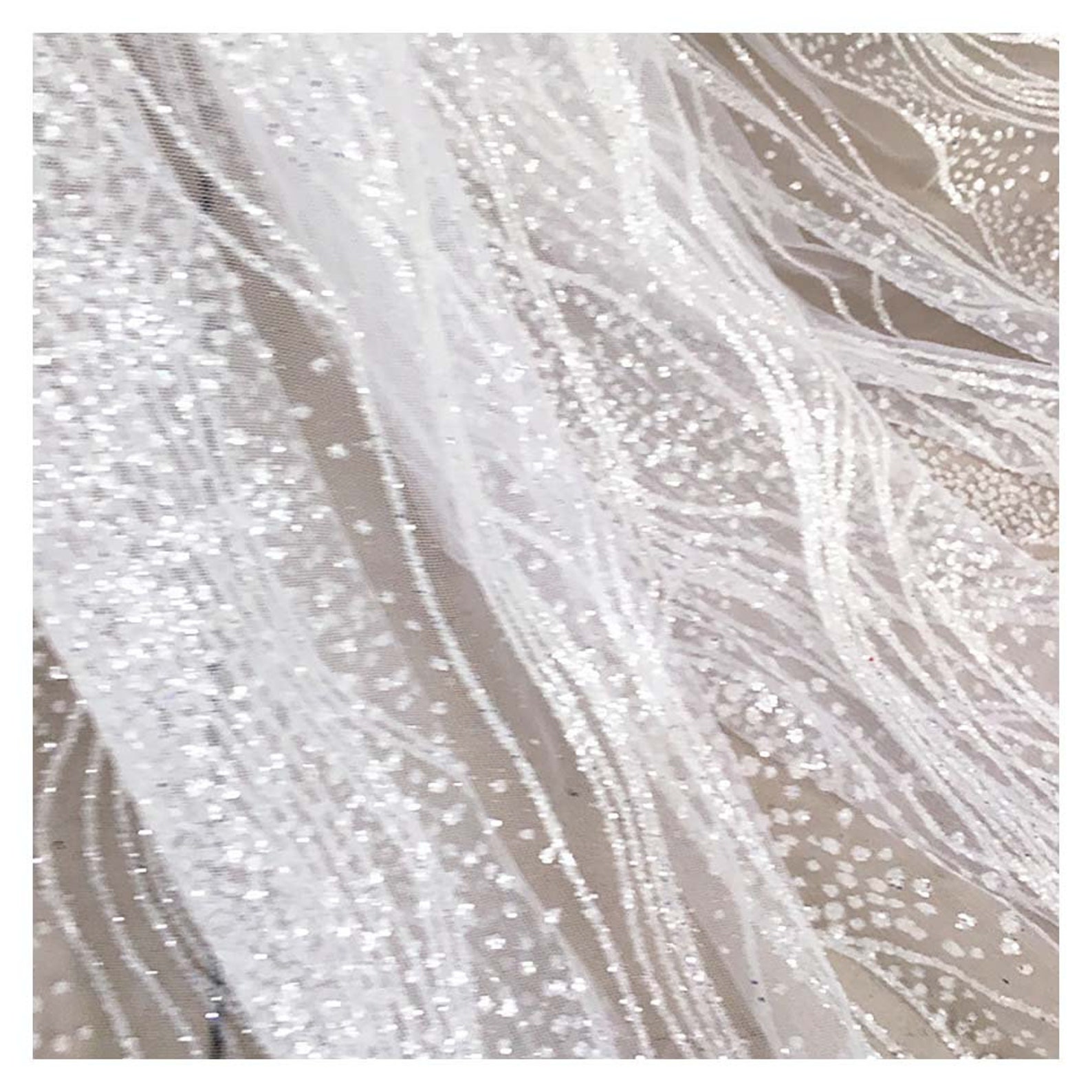 Tulle Sequined Fabric 1 Meters Ivory Wavy Corrugated Ironing Powder ...