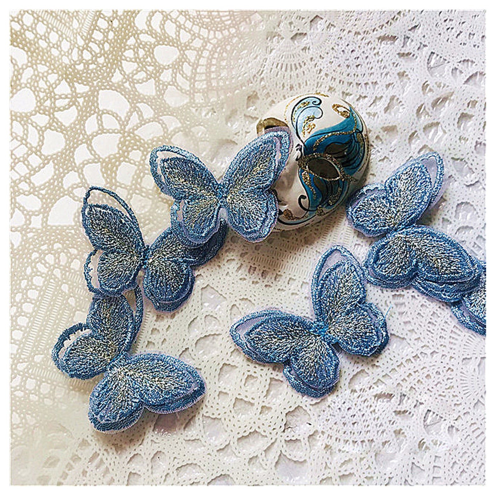 Butterfly Appliques 10 PCS Lake Blue Organza Embroidery Lace Patches ...