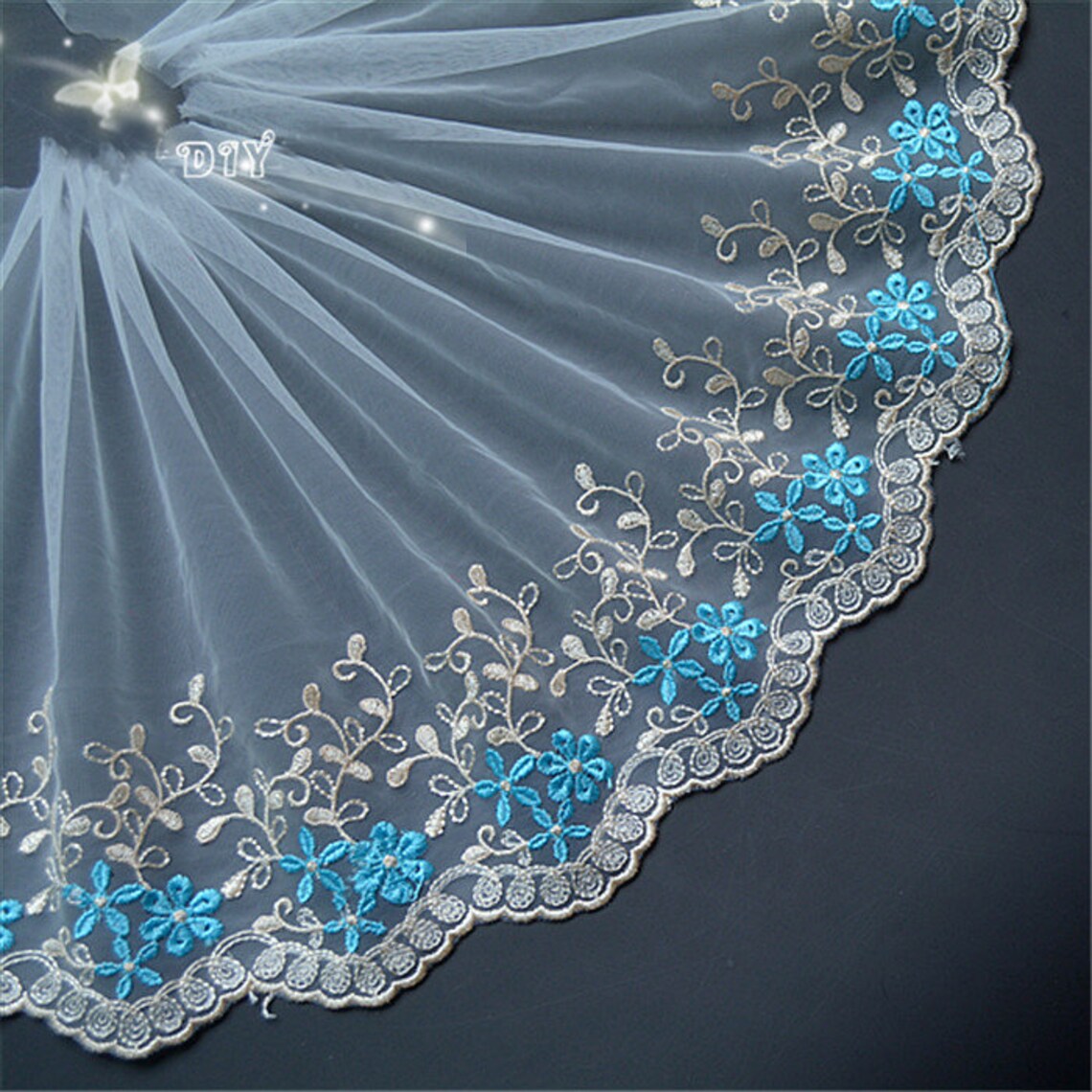 Lace Fabric Blue Tulle Mesh Gauze Embroidered Tapes Lace Trim - Etsy
