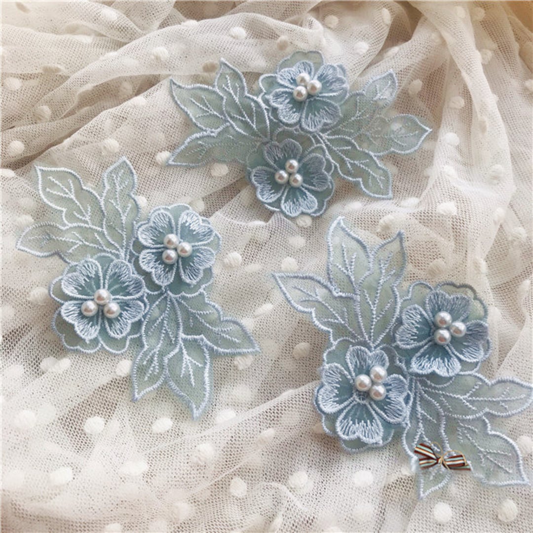 Appliques 10pcs 3D Beaded Blue Flower Mesh Embroidery Lace Patches for ...