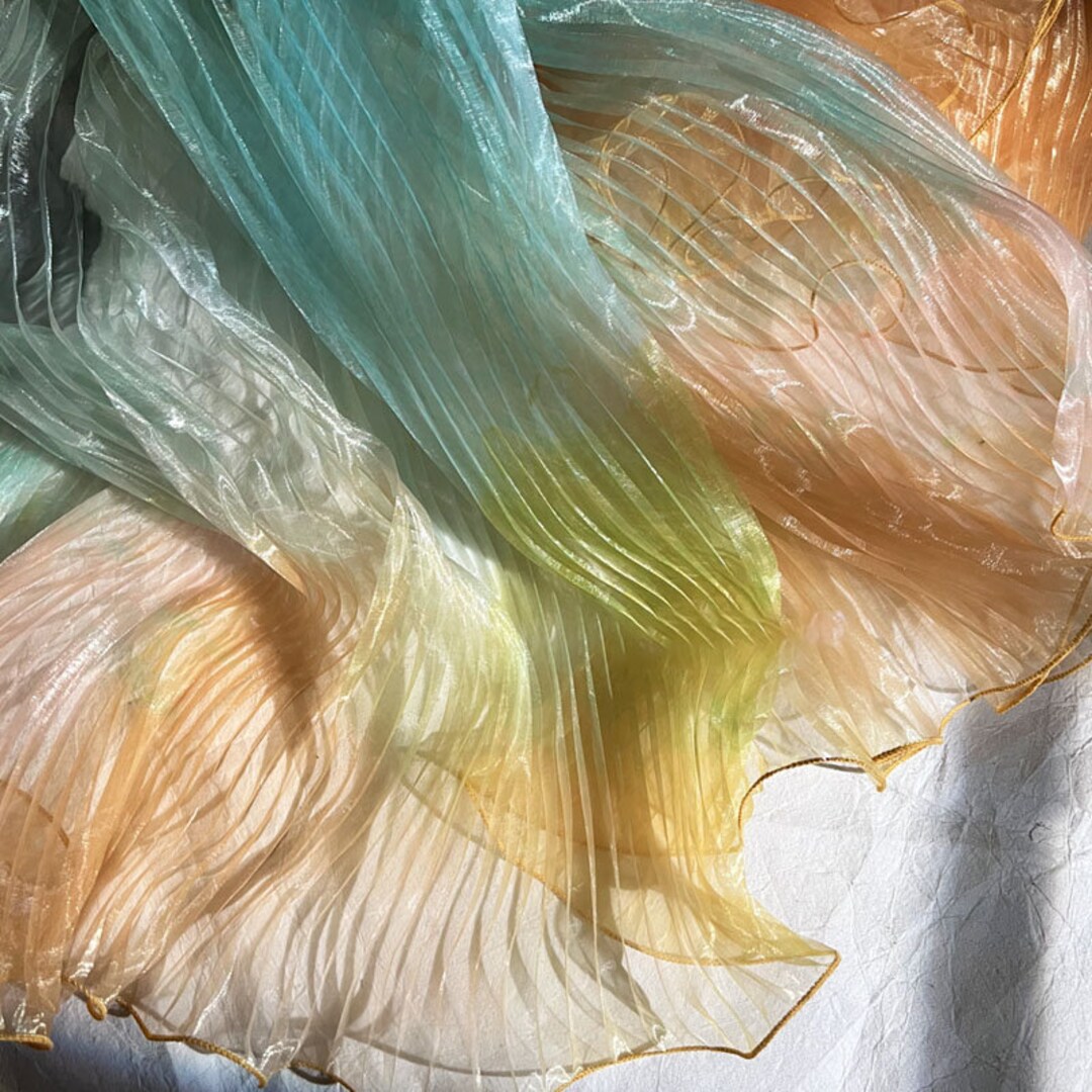 Yellow Green Gradient Pleated Organza Fabric Laser Plisse Fabric ...