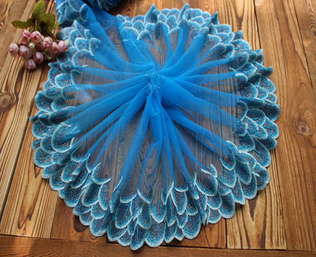 5 Meters 23cm 9.05 Wide Blue Silver Mesh Embroidered Gauze Lace Trim ...