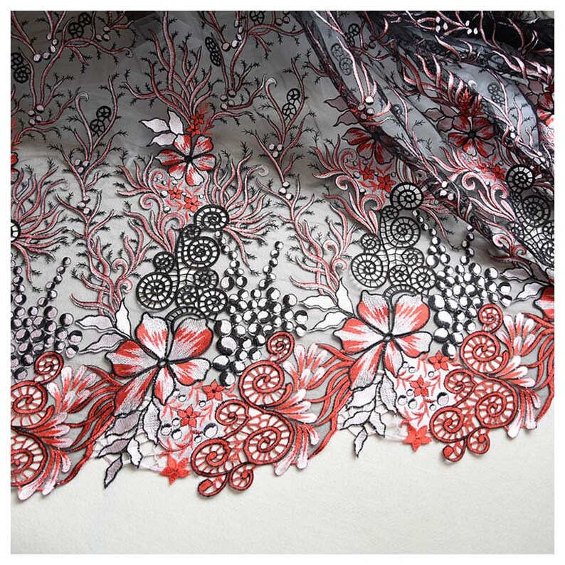 1 Meters Purple Pink Mesh Embroidered Gauze Lace Fabric Bridal Wedding ...