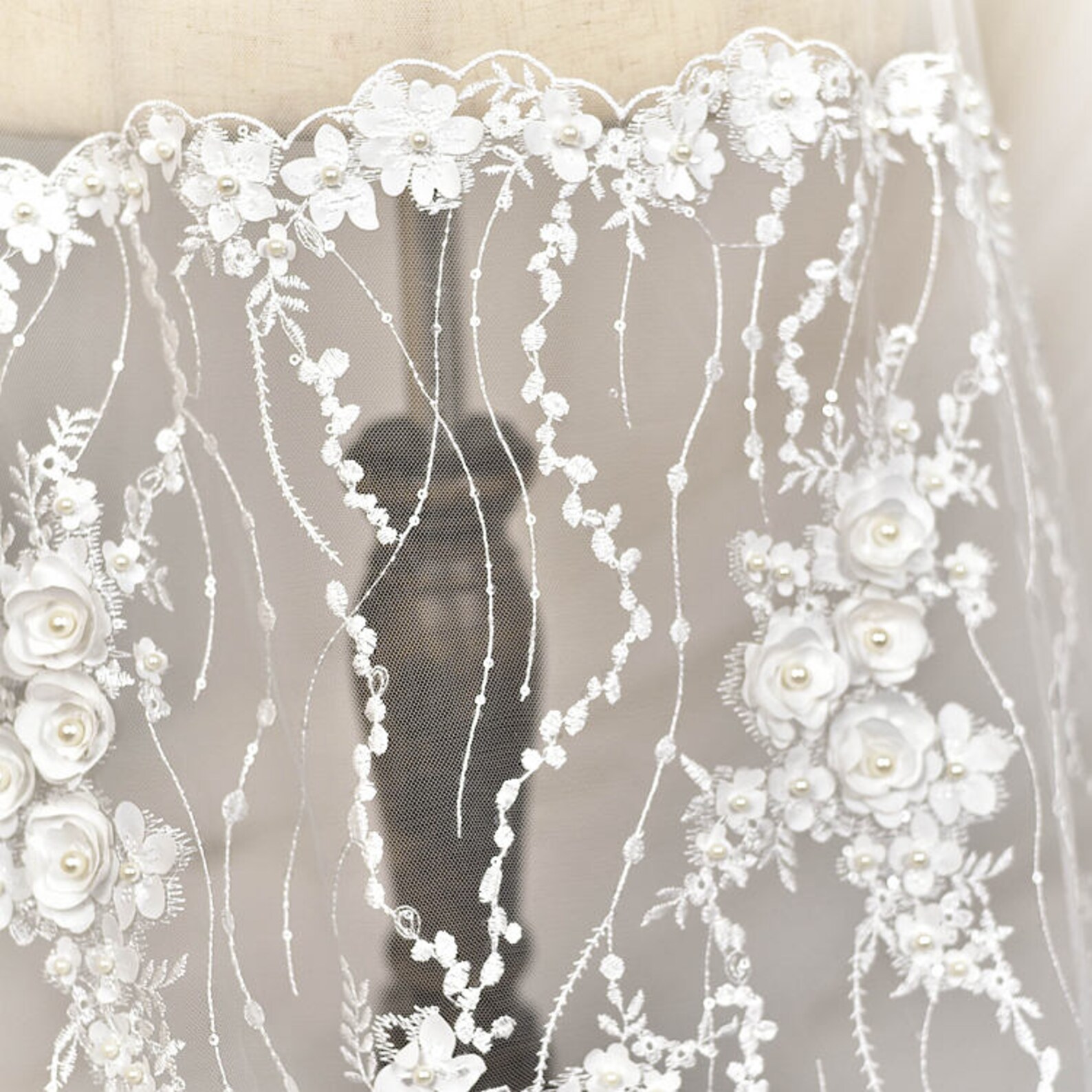 1 Meters White Sequins Beads 3D Satin Flower Mesh Embroidered Gauze ...