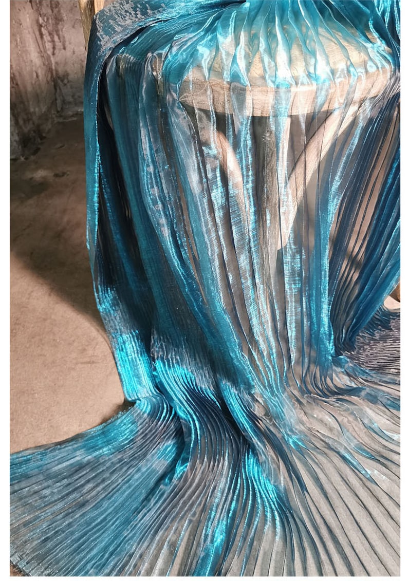 Blue Pleated Tulle Fabric Magic Color Laser Plisse Fabric Accordion ...