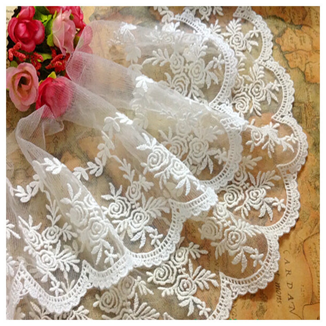 5 Yards Apricot White Lace Trims Organza Mesh Tulle Flower Embroidery ...