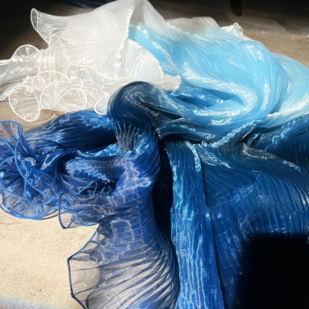 Blue Gradient Pleated Organza Fabric Laser Plisse Fabric Accordion ...