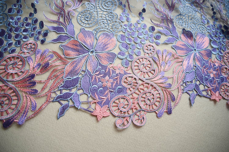 1 meters Purple Pink Mesh Embroidered Gauze Lace Fabric | Etsy