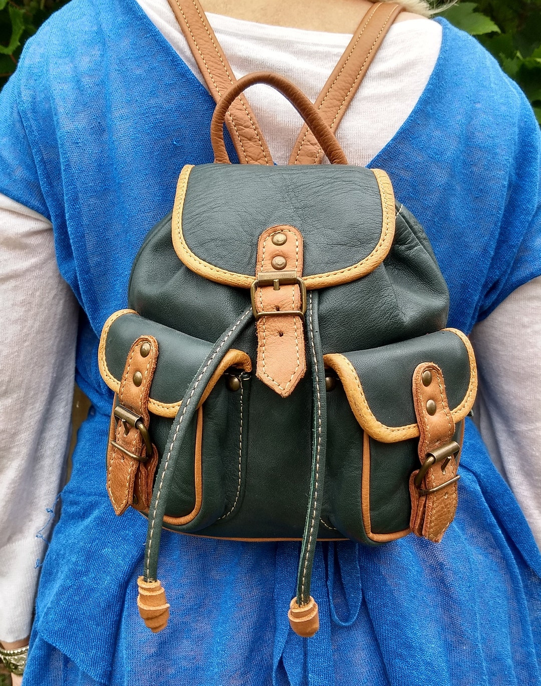 Handcrafted All-leather Backpack: Green & Tan, Small, Durable. Eco ...