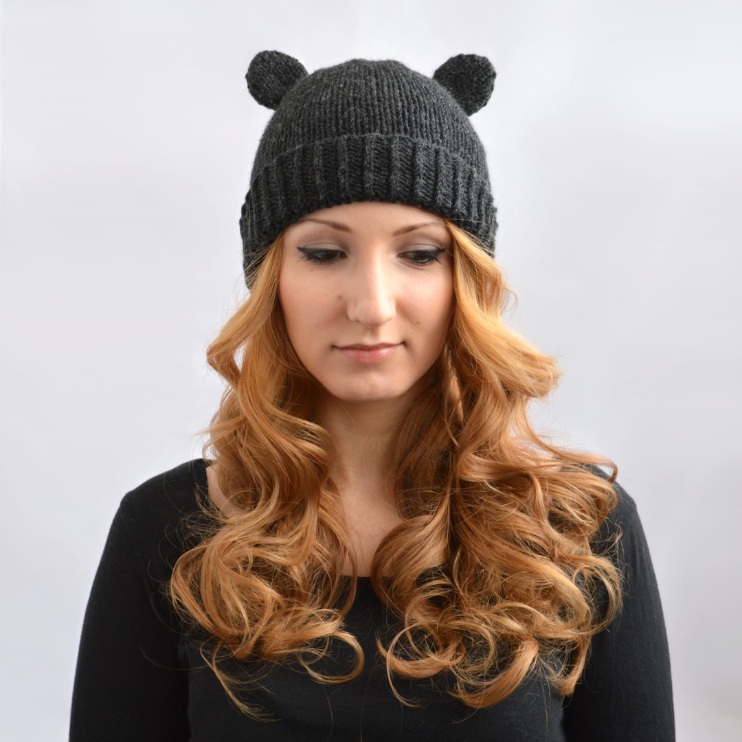 Black Bear Hat, Knit Bear Ear Hat or Bear Beanie, Womens Bear Hat - Etsy
