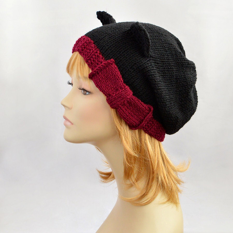 Black Cat Hat With Burgundy Bow Burgundy Hat Black Hat Knit - Etsy