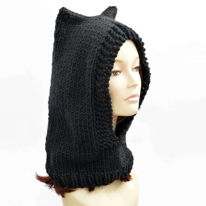Cat Ear Beanie, Hood Hat, Black Cat Ear Hat, Balaclava Hat, Hat Scarf ...