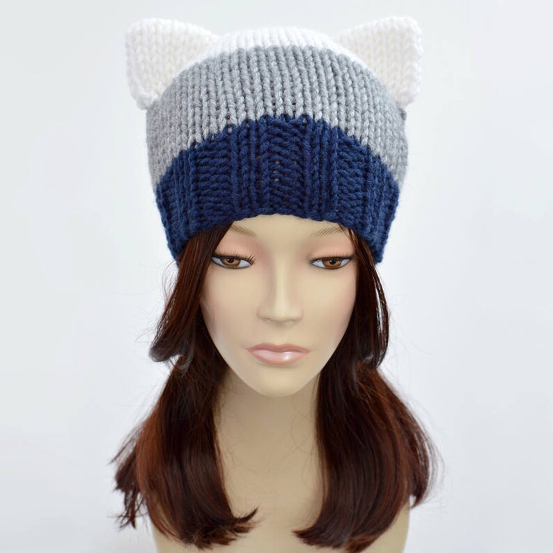 Cat Hat Knitting Pattern // Strip Hat Womens Knit Hat Pattern PDF Cat ...