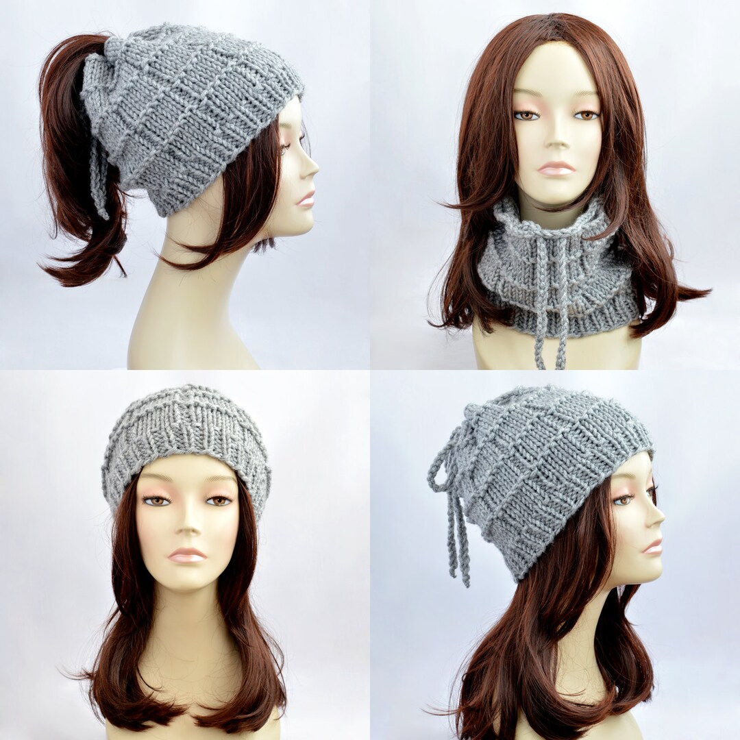 Gray Ponytail Hat Scarf, Ponytail Beanie, Transformer Hat, Hat With ...