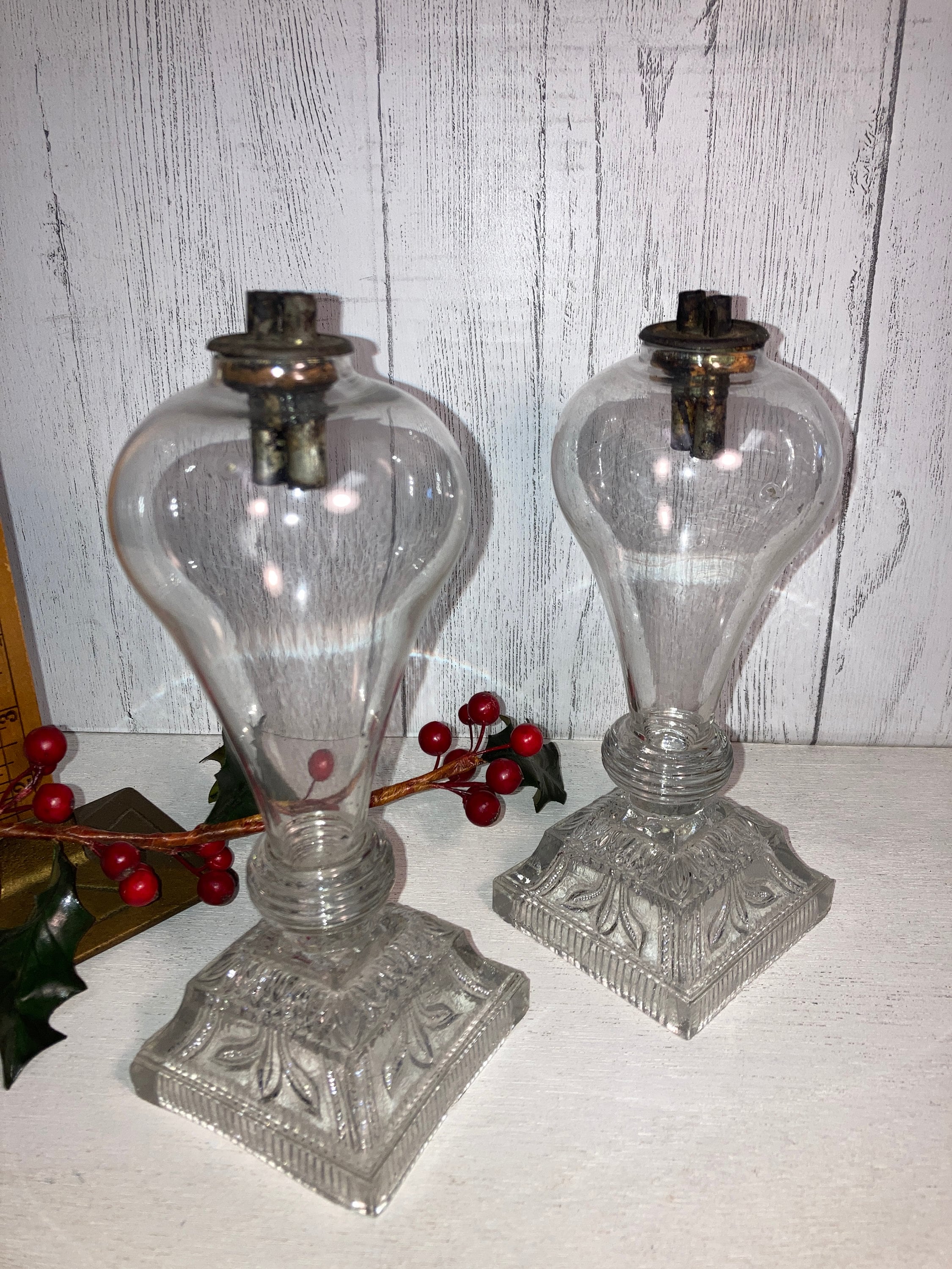 A Pair of Antique Whale Oil Lamp Flint Glass Vintage Oil Lamp Lighting ...