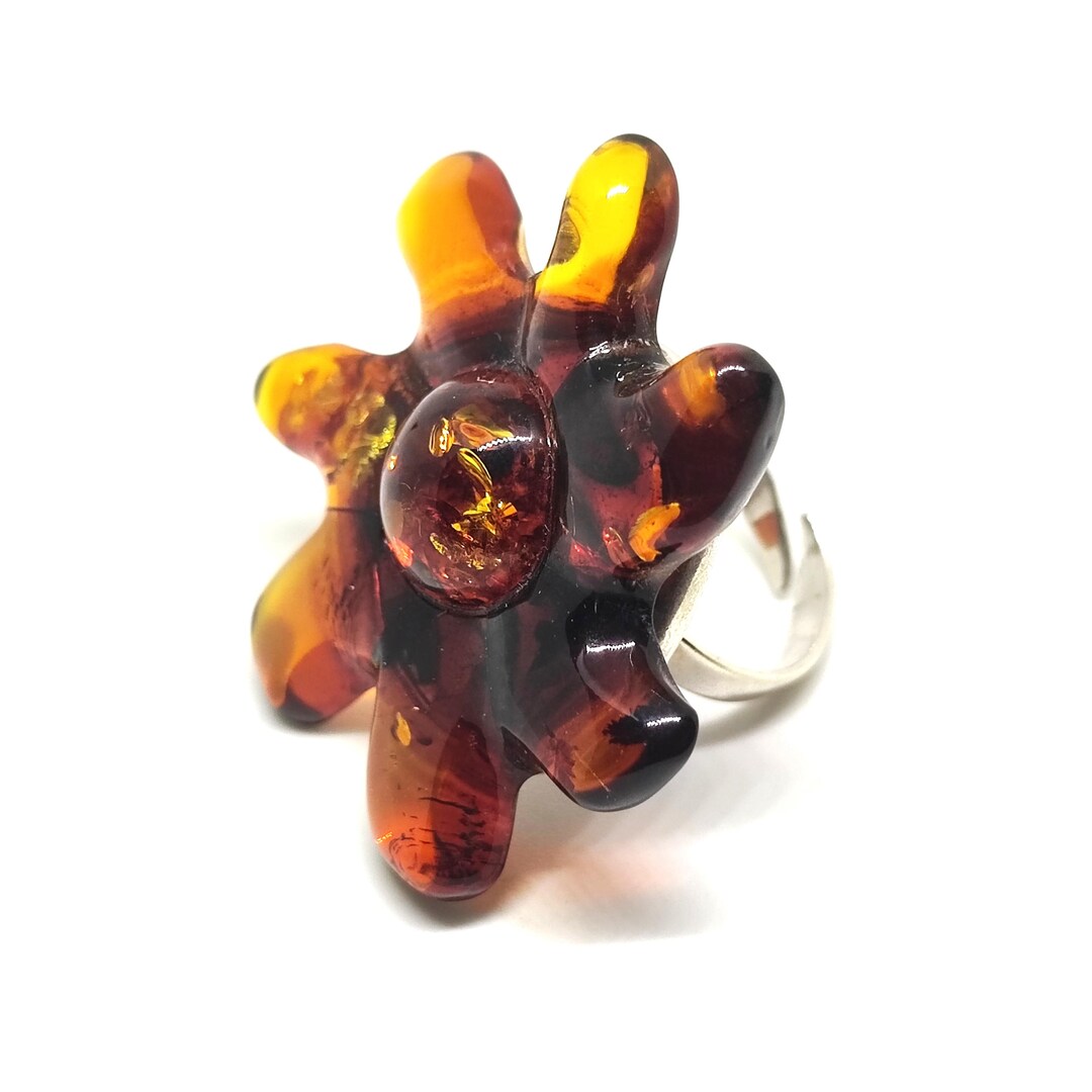 Silver Ring With Amber / Flower - Etsy