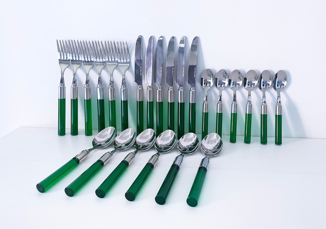 1970's Italian Stainless Steel and Green Lucite Cutlery Set by EME ...