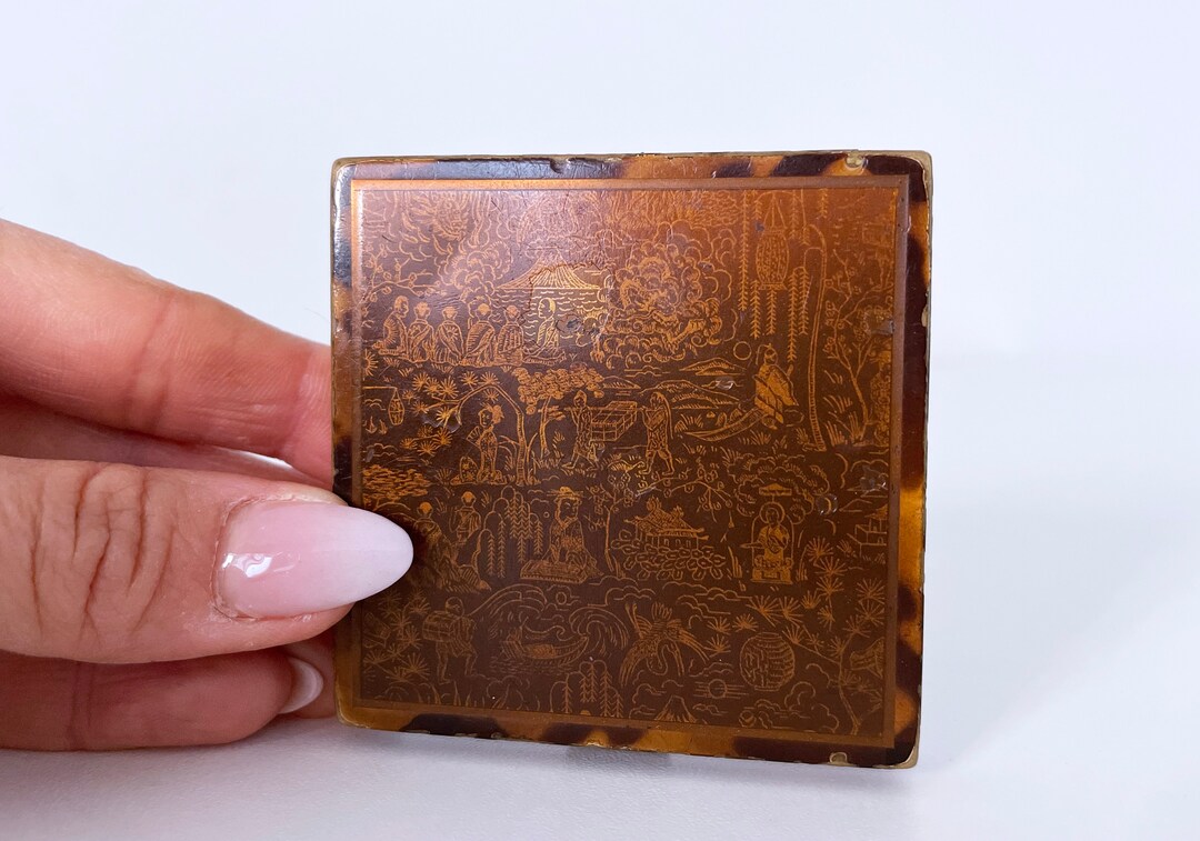 Art Deco Faux Tortoise Shell and Brass Powder Compact With Asian Scenes ...