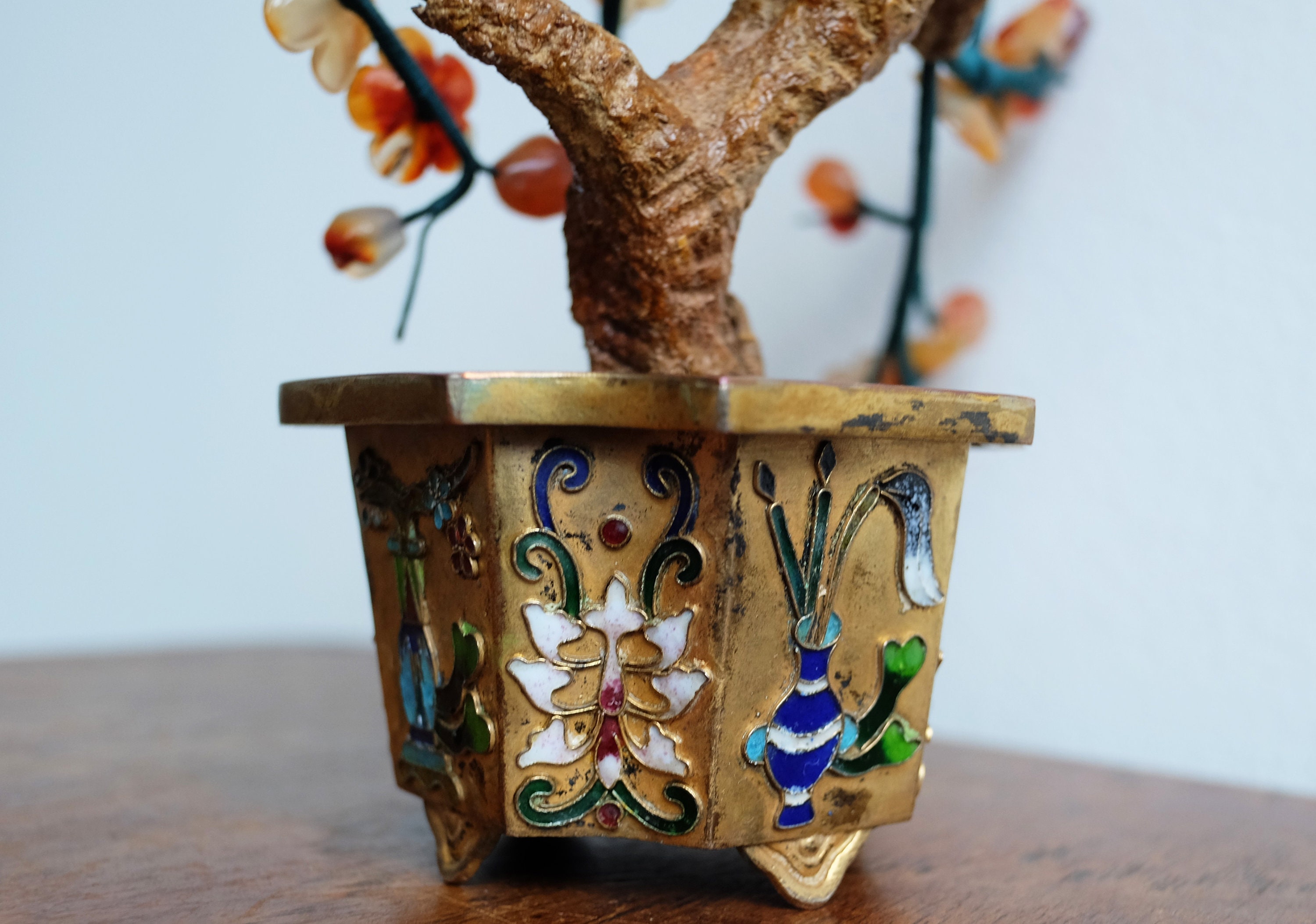 Chinese Hardstone Bonsai Tree in Cloisonne Enamel Jardiniere - Etsy