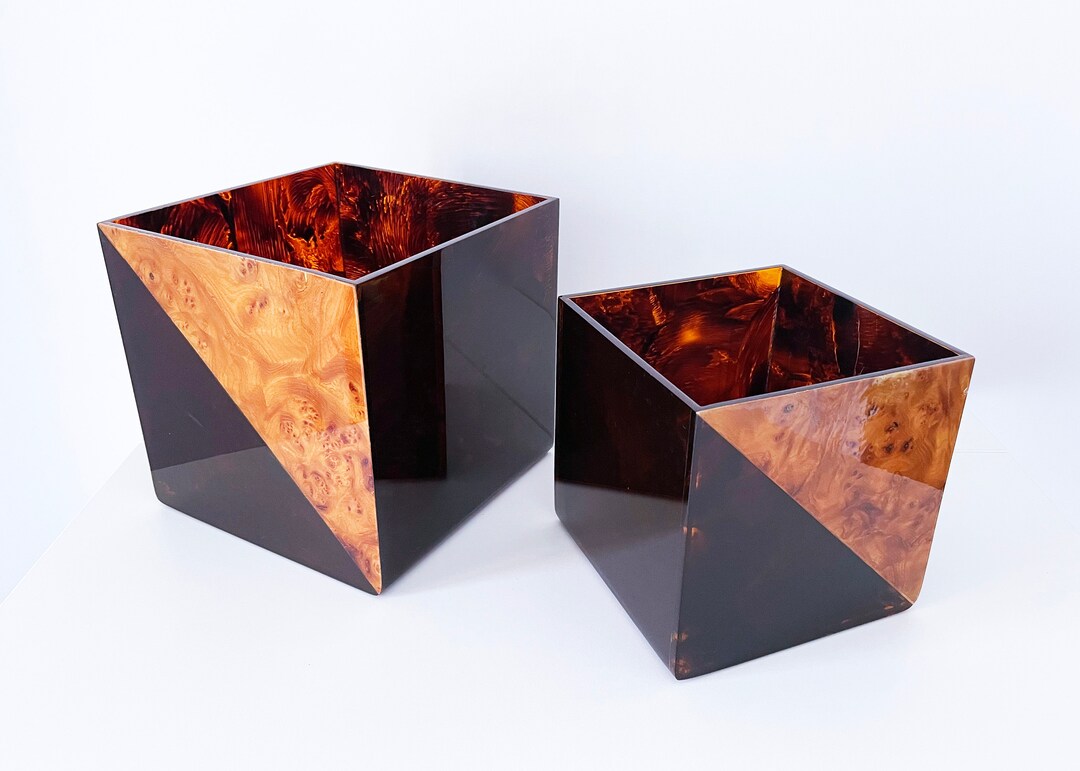 Two 1970’s Willy Rizzo Faux Tortoiseshell Lucite and Burl Wood Storage ...