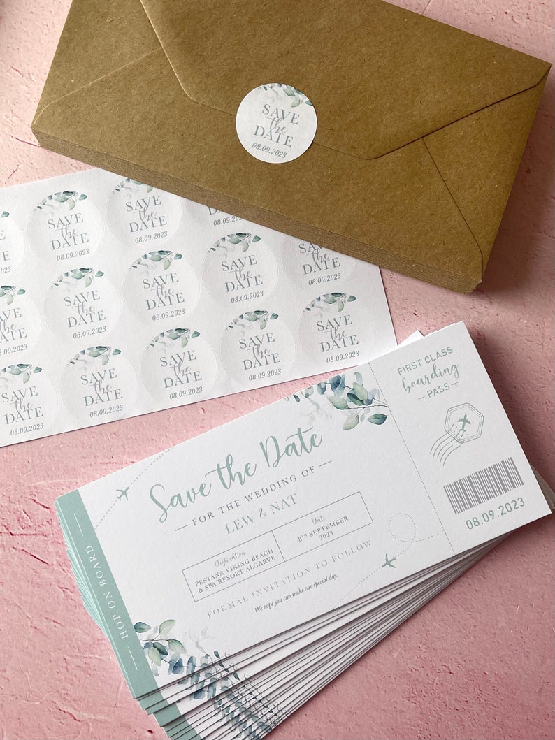 Eucalyptus Boarding Pass Save the Date, Destination Wedding Invitation ...